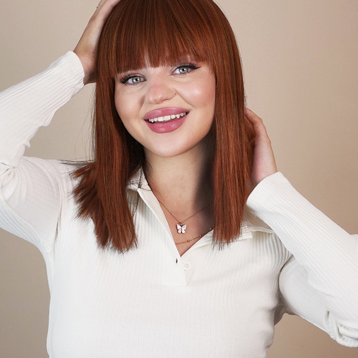vegan fiber long bob with bangs wig - 12" copper melt. – Irresistible Me