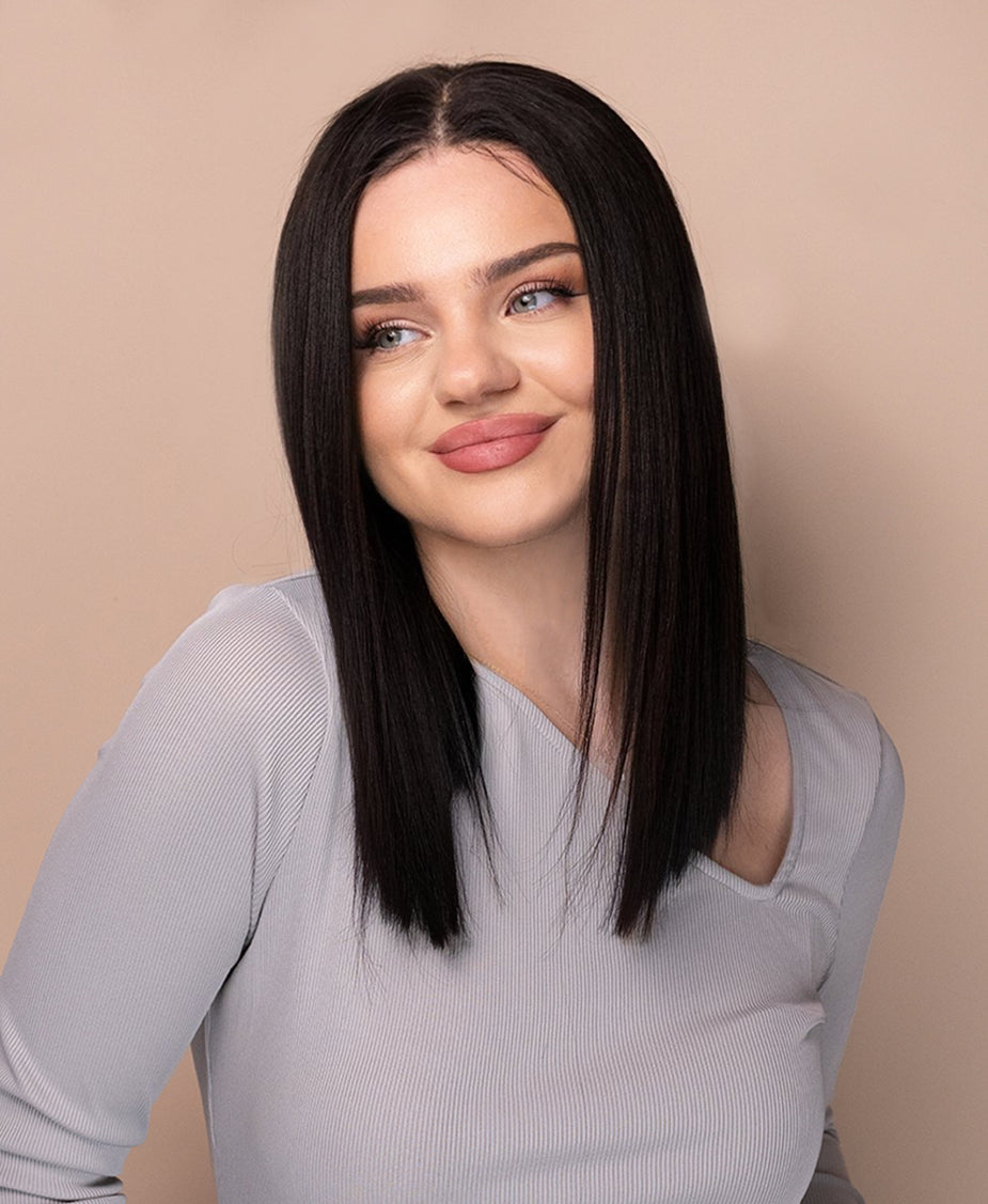 put on & go pre-cut lace long bob human wig - 14" natural black ...
