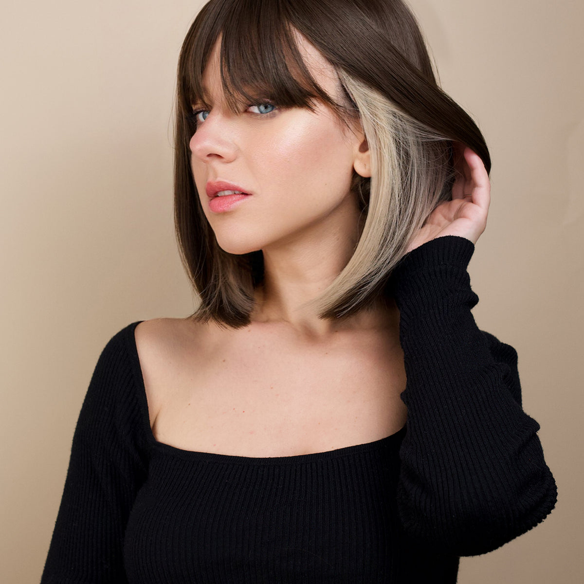 vegan fiber wig - 10" brown bob with fringe and peekaboo highlights ...