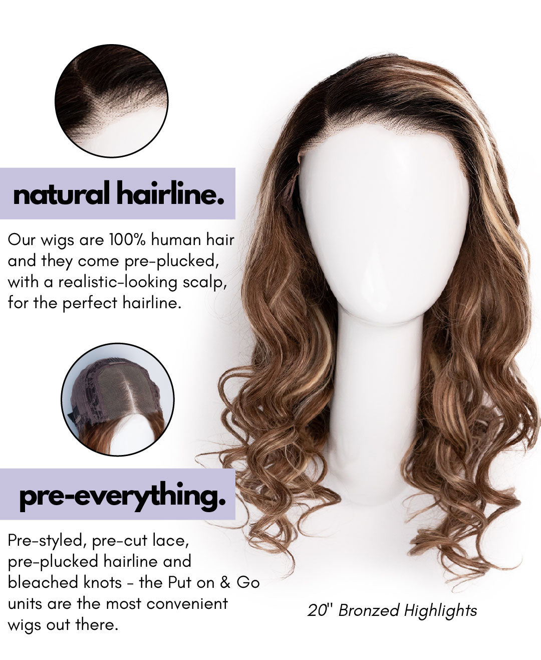 put on & go pre-cut lace wavy human wig - 24" bronzed highlights ...